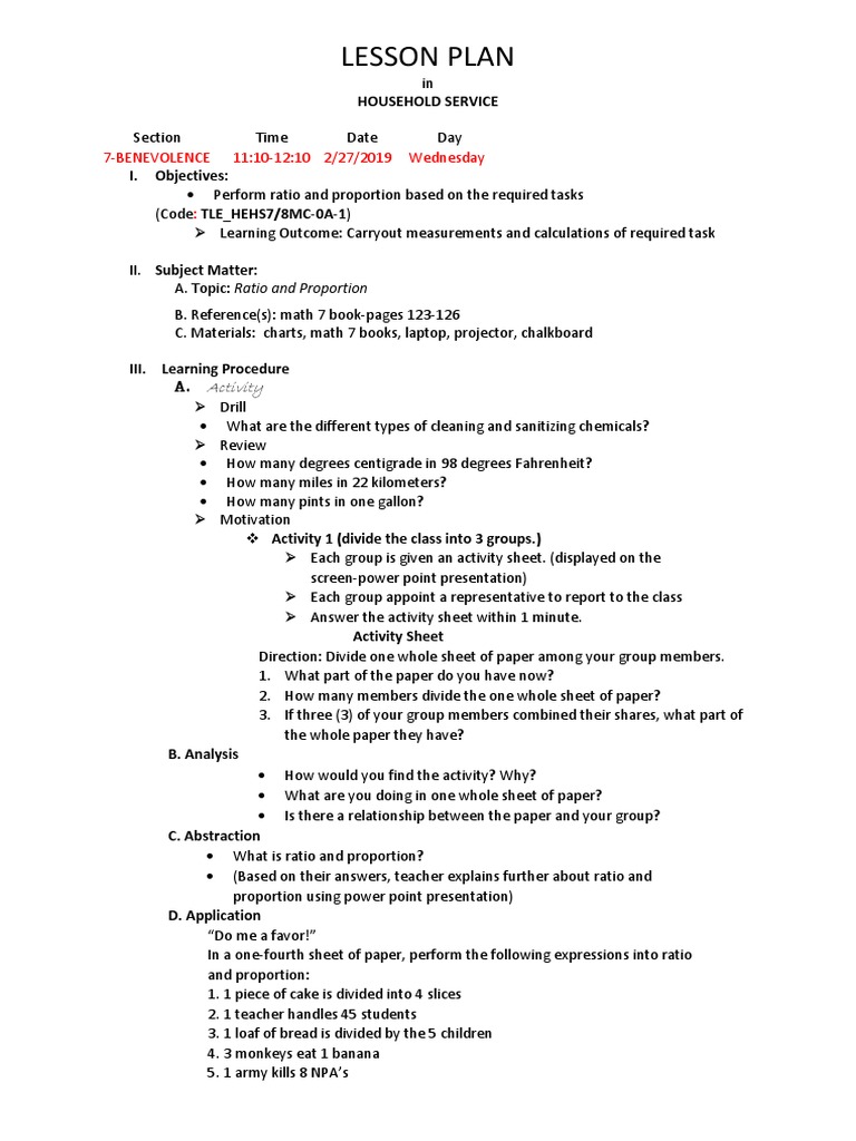 Lp-7 2019-Ratio and Proportion | PDF | Lesson Plan | Ratio