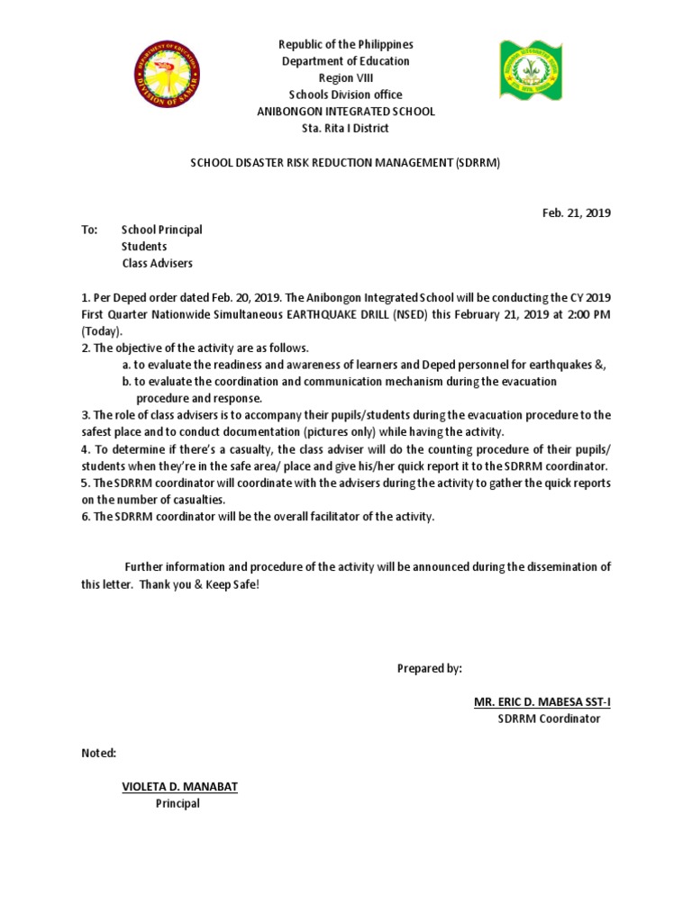 Earthquake Drill Letter | PDF