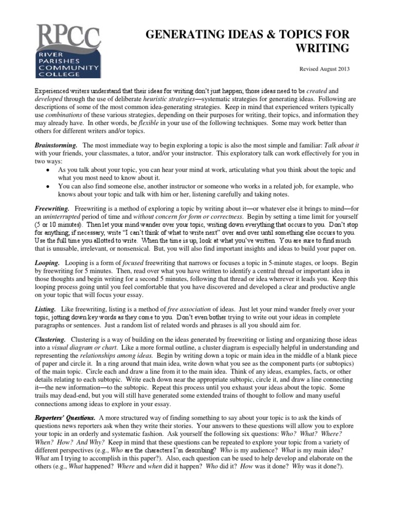 GeneratingIdeas TopicsforWriting | PDF | Essays | Neuropsychological ...