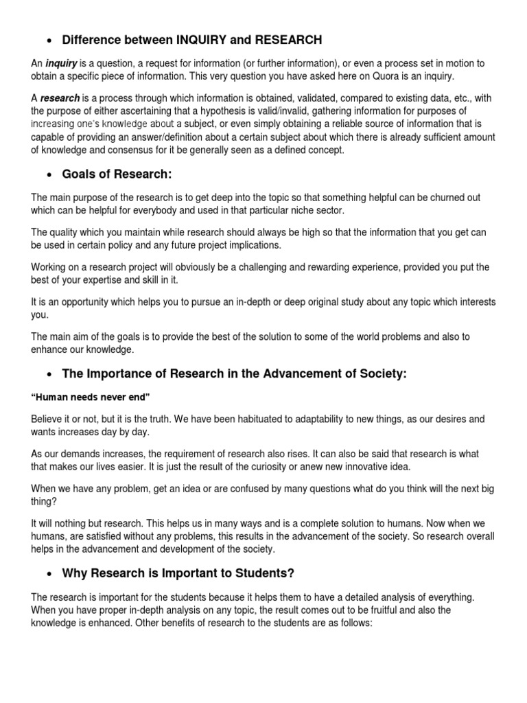 Research Vs Inquiry | PDF | Scientific Method | Experiment