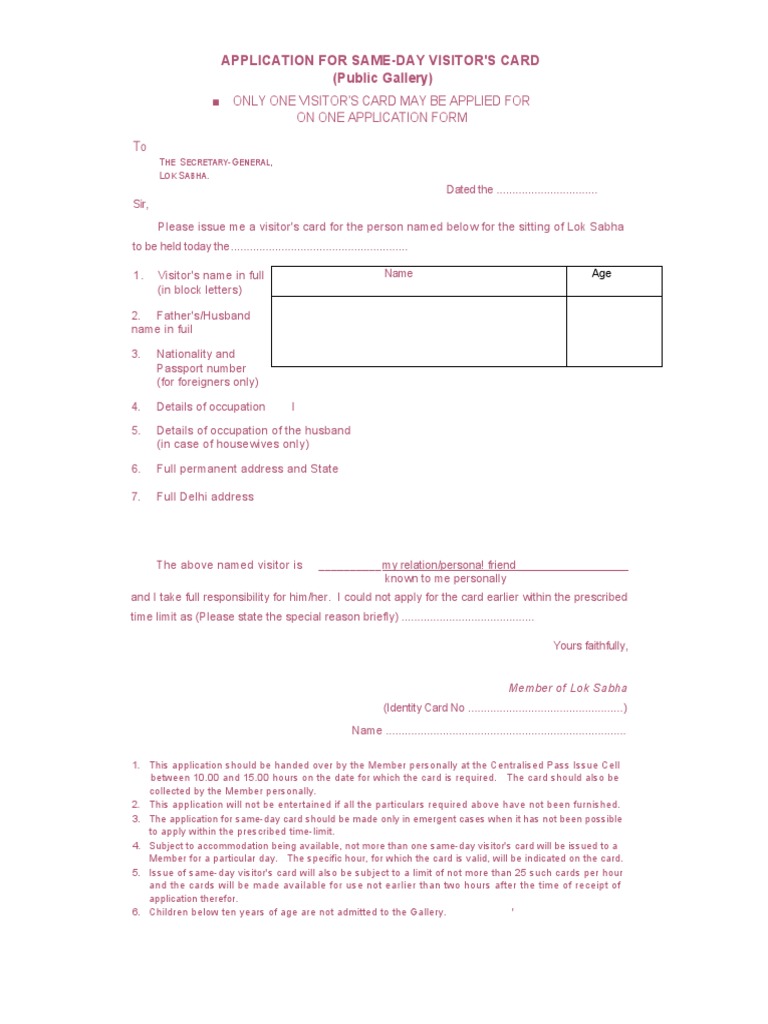 Only One Visitor'S Card May Be Applied For On One Application Form To ...