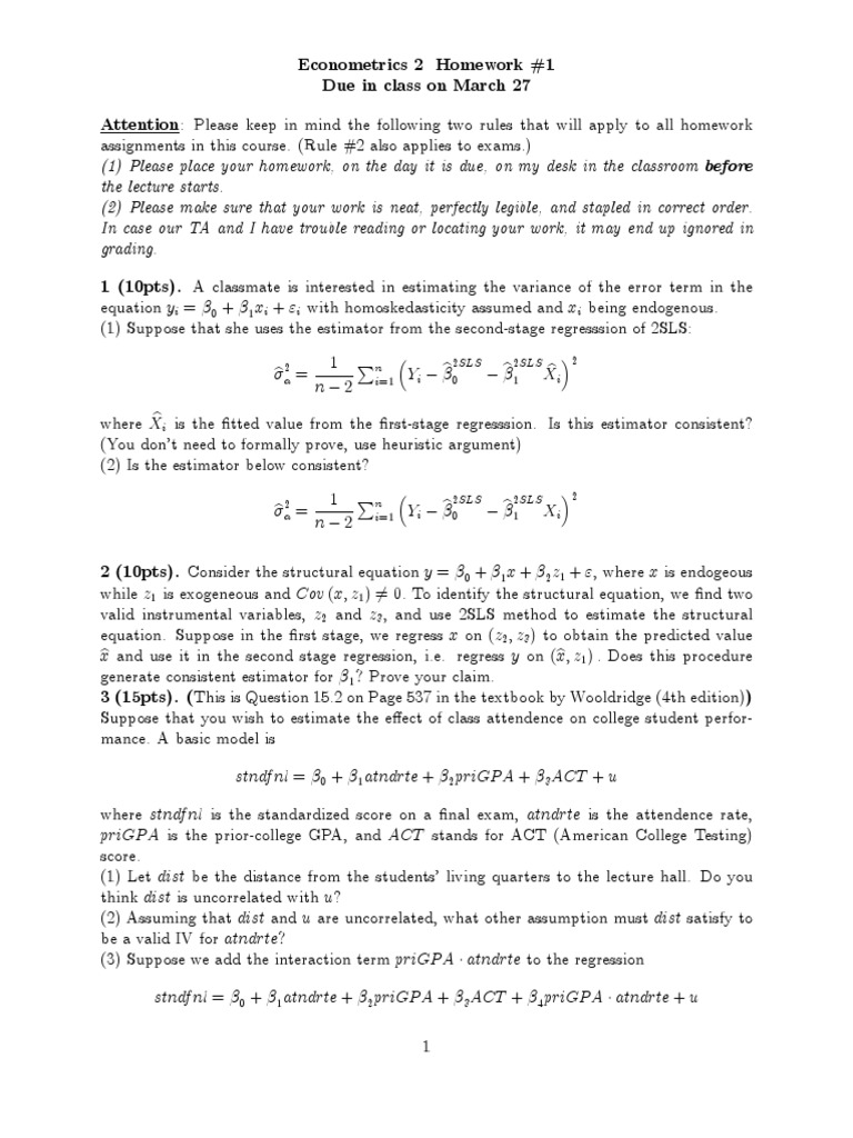 HW Econometrics 2 | PDF | Ordinary Least Squares | Endogeneity ...
