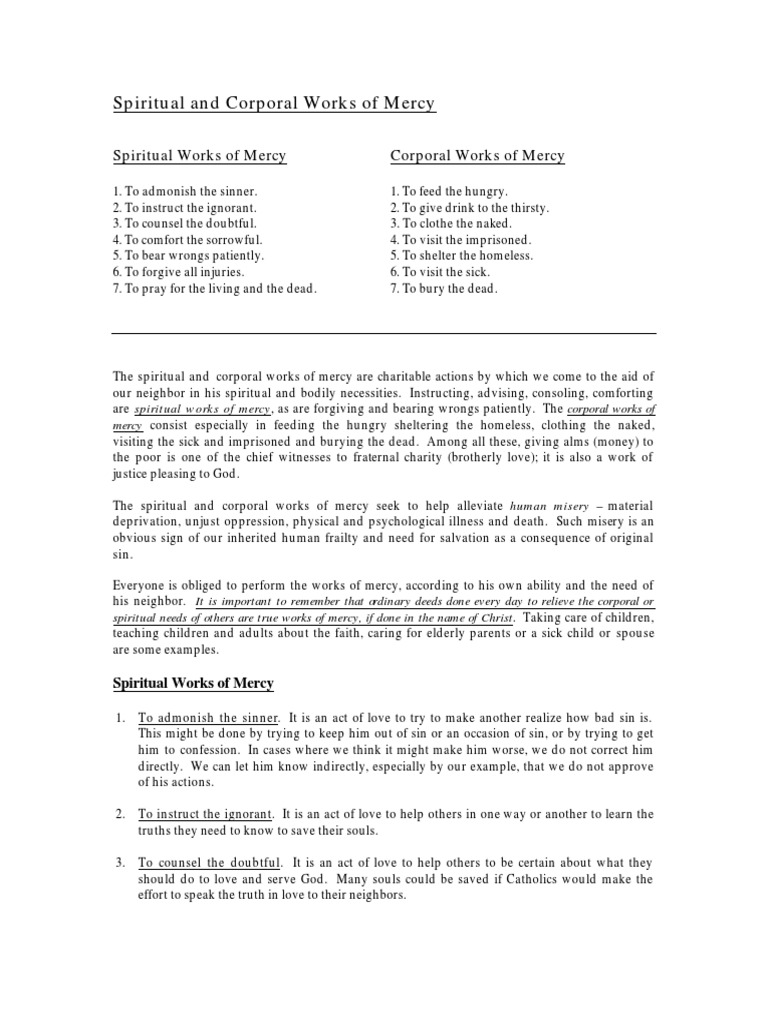 Spiritual Works of Mercy Corporal Works of Mercy | Download Free PDF ...