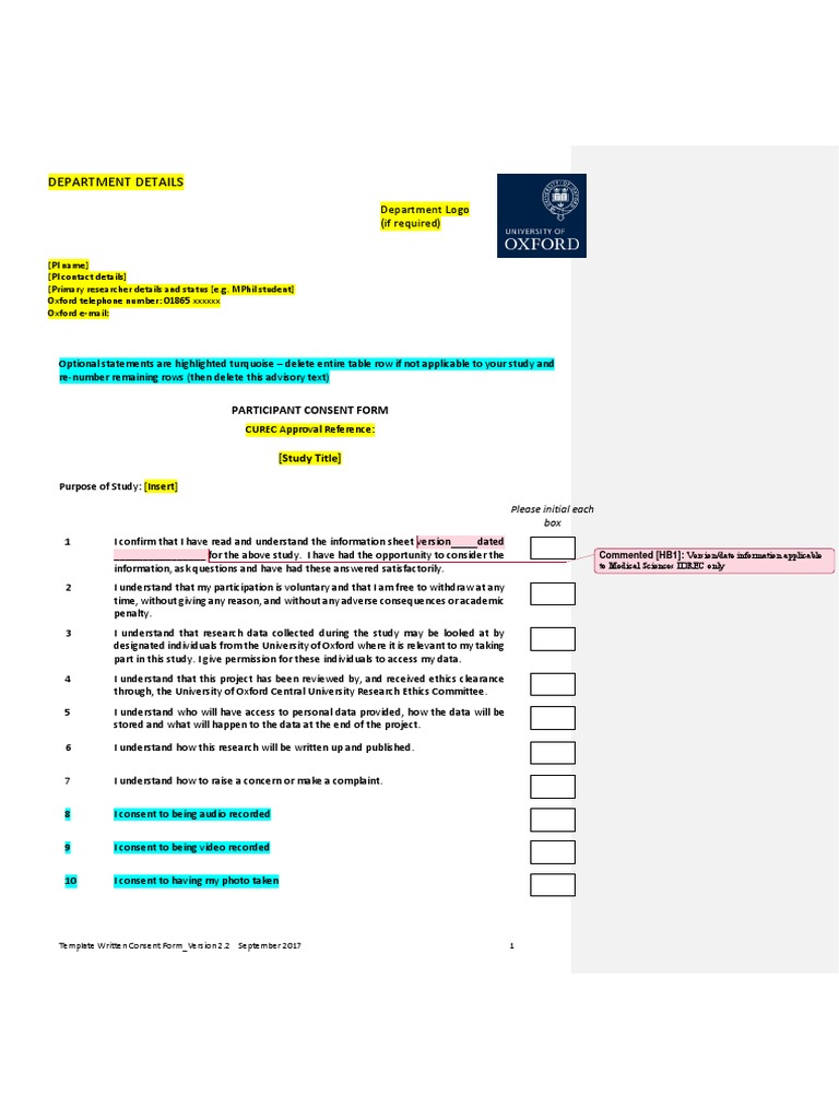 Written Consent Form Template | PDF | University Of Oxford ...