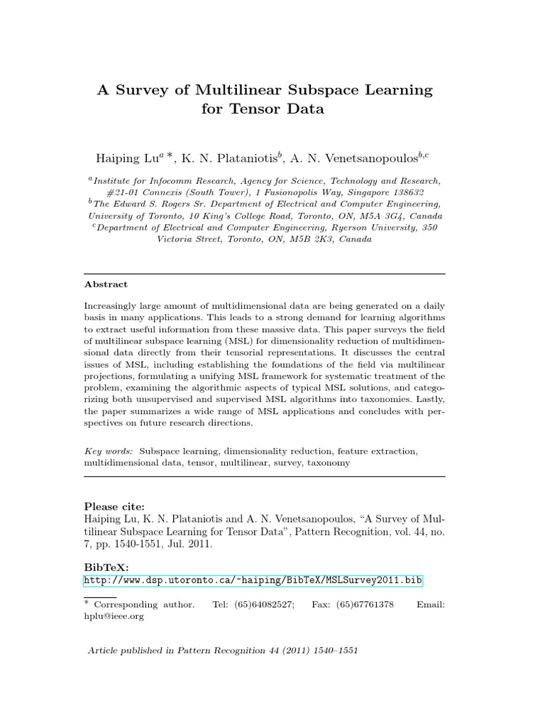 A Survey of Multilinear Subspace Learning For Tensor Data | PDF | Principal Component Analysis ...