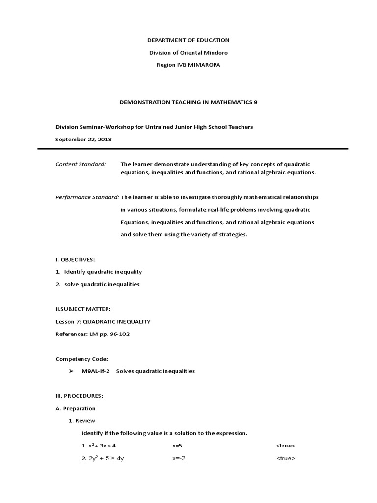 7e Lesson Plan For Deped | PDF | Inequality (Mathematics) | Equations