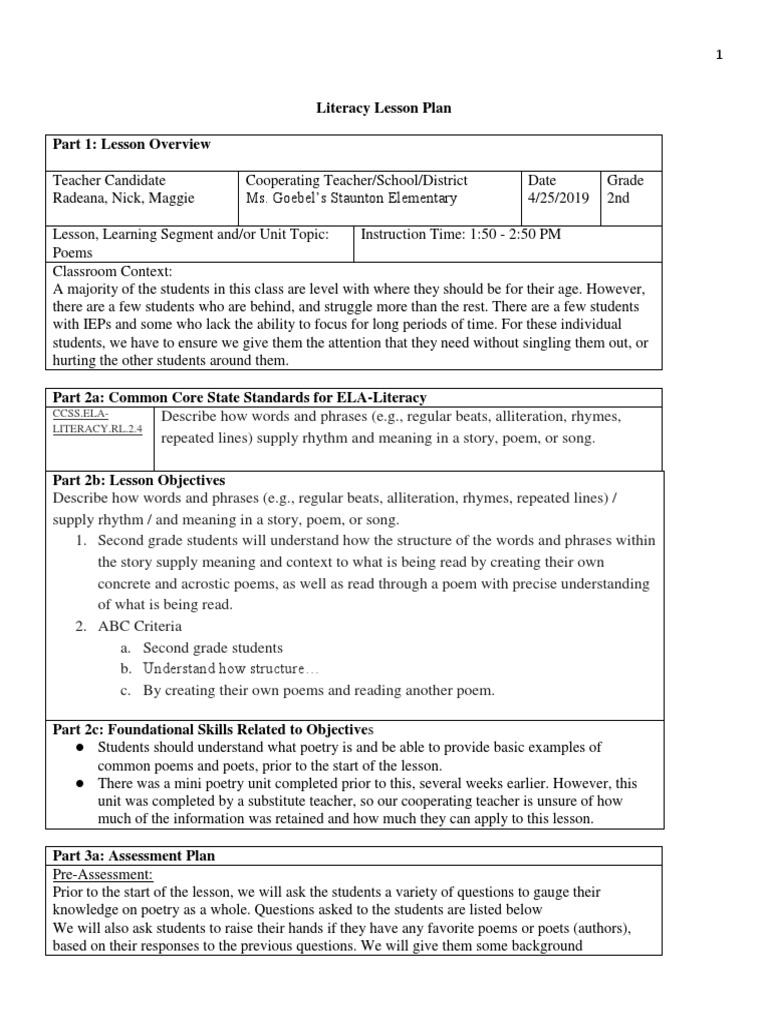 Literacy Lesson Plan Johnson 2019 | PDF | Educational Assessment ...