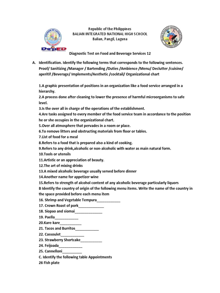 Food and Beverage Services Diagnostic Test | PDF | Dining Room | Drink