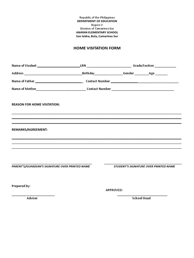 Home Visitation Form: Department of Education | PDF