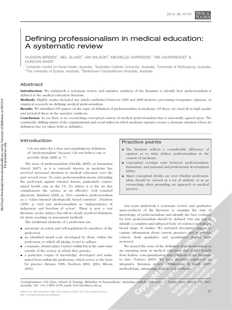 Defining Professionalism in Medical Education: A Systematic Review | PDF | Profession ...