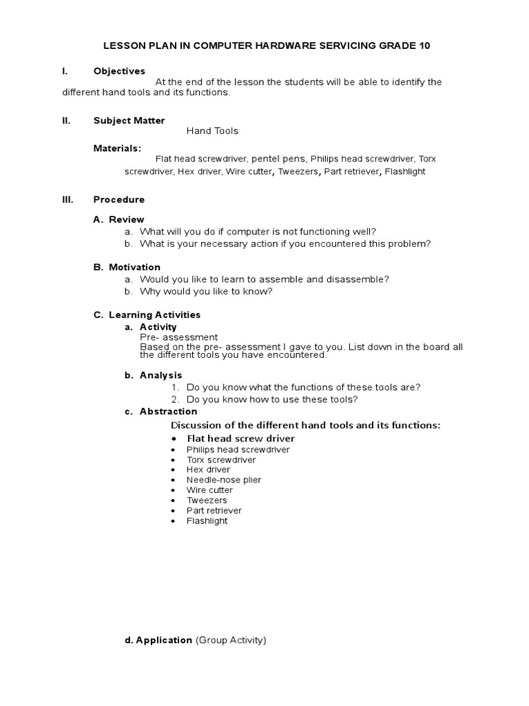 Lesson Plan in Computer Grade 10 Final | PDF | Lesson Plan | Screw