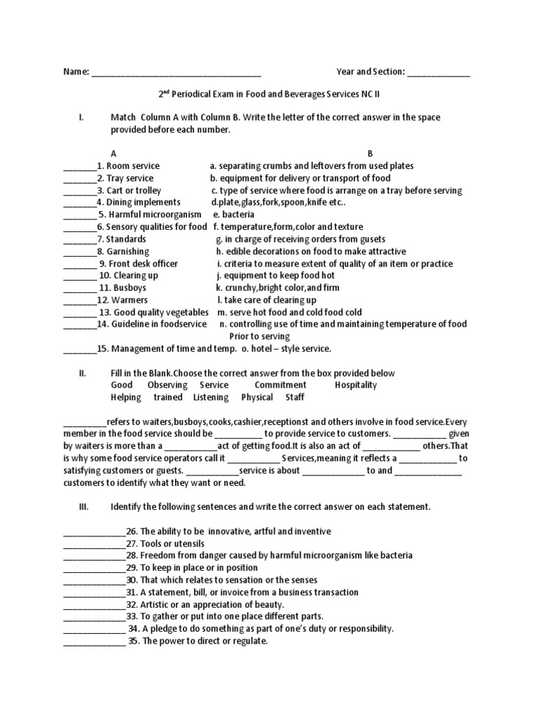 NC II Food and Beverage Services Exam | PDF | Foodservice | Waiting Staff