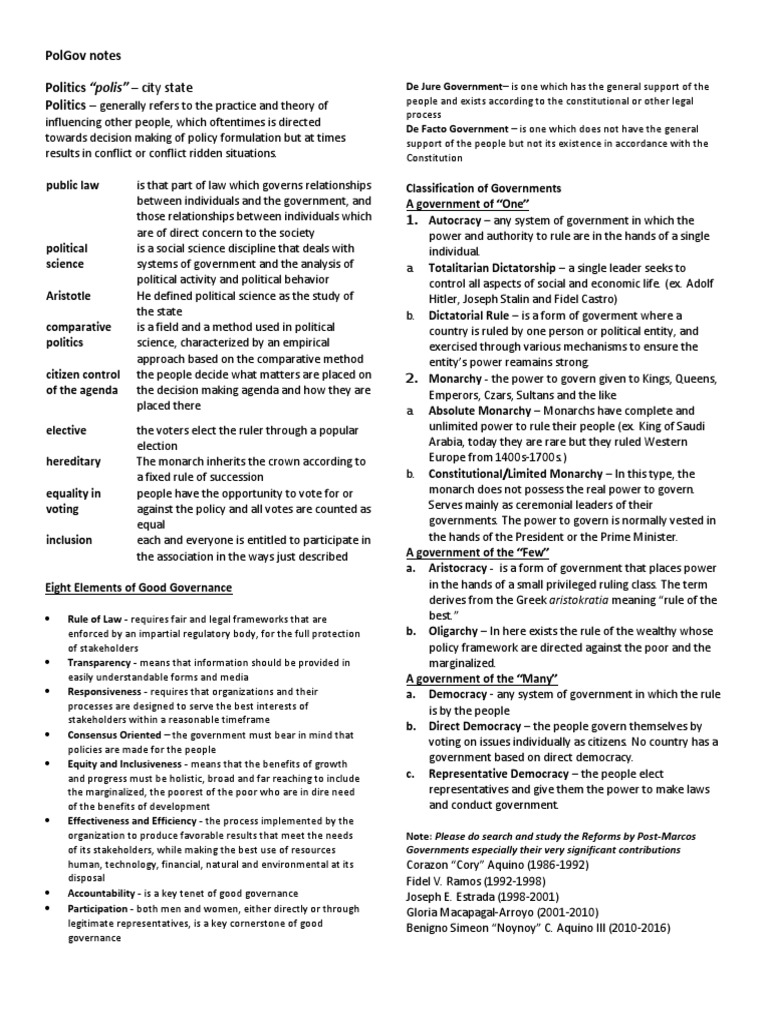 PolGov Notes HUMSS 1112 GAS 12 | PDF | Monarchy | Dictatorship