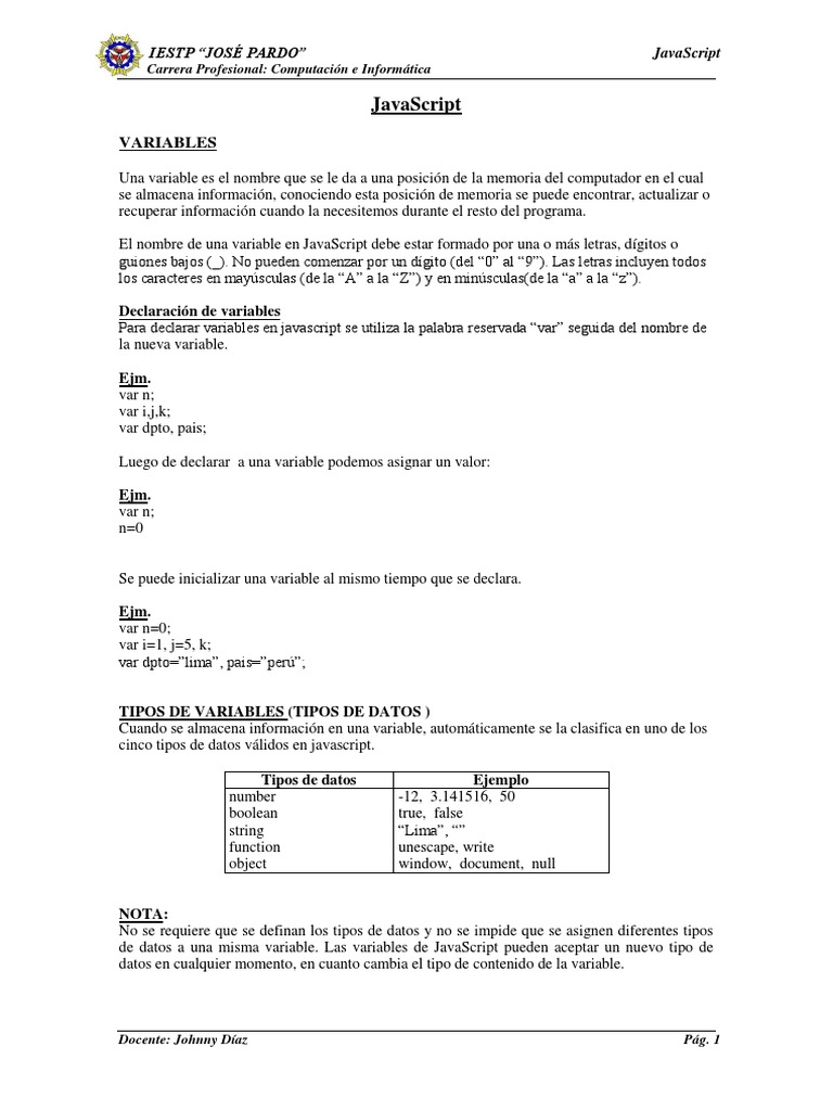 JavaScript - Variables y Operadores | PDF | Variable (informática) | Script Java