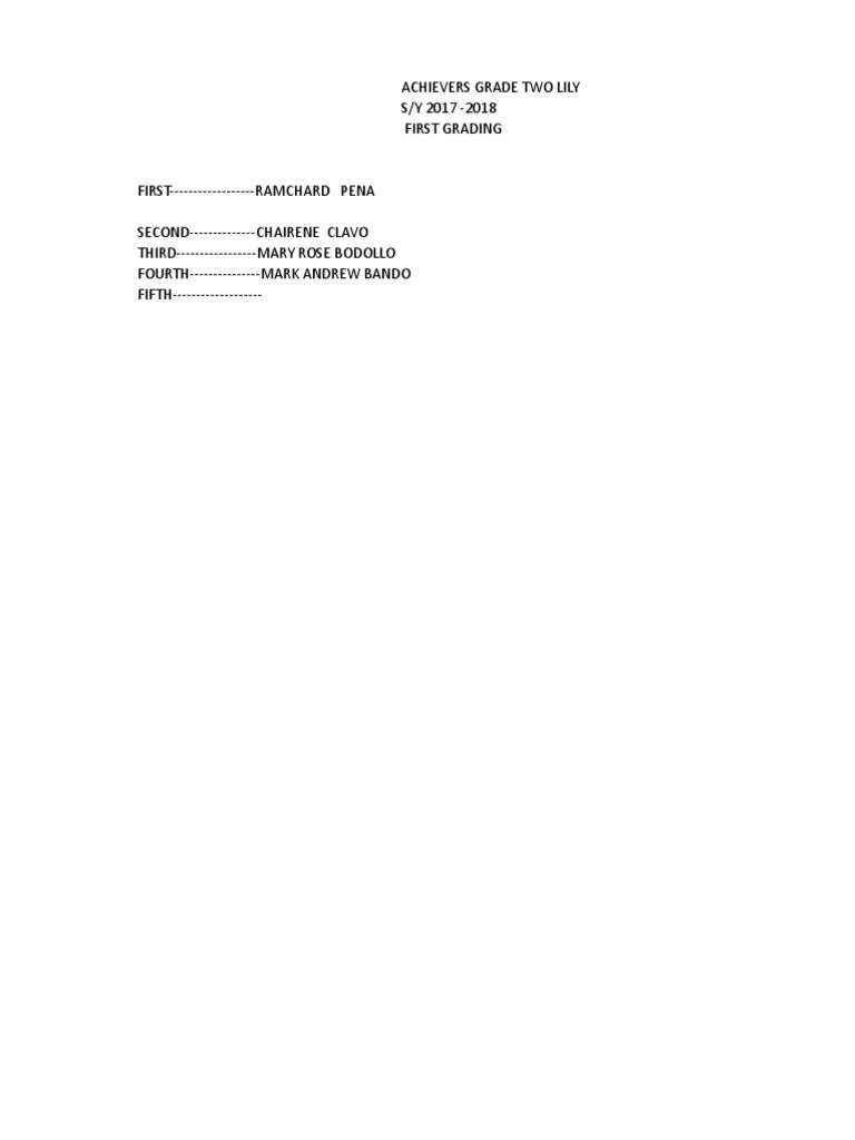 Achievers Grade Two Lily S/Y 2017 - 2018 First Grading | PDF