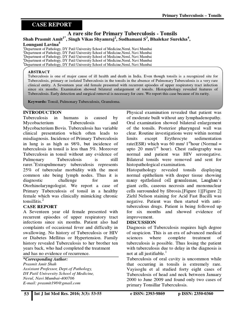 Primary Tonsillar Tuberculosis Case Study | PDF | Tuberculosis | Infection