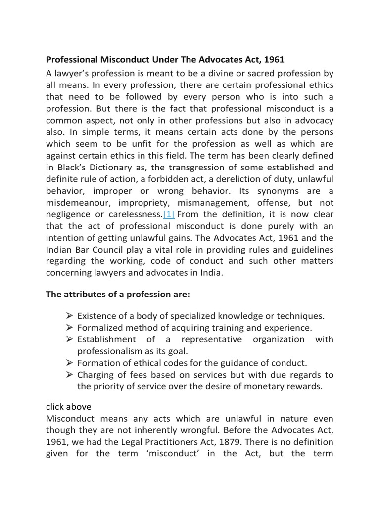 Professional Misconduct Under The Advocates Act, 1961 | PDF | Advocate ...