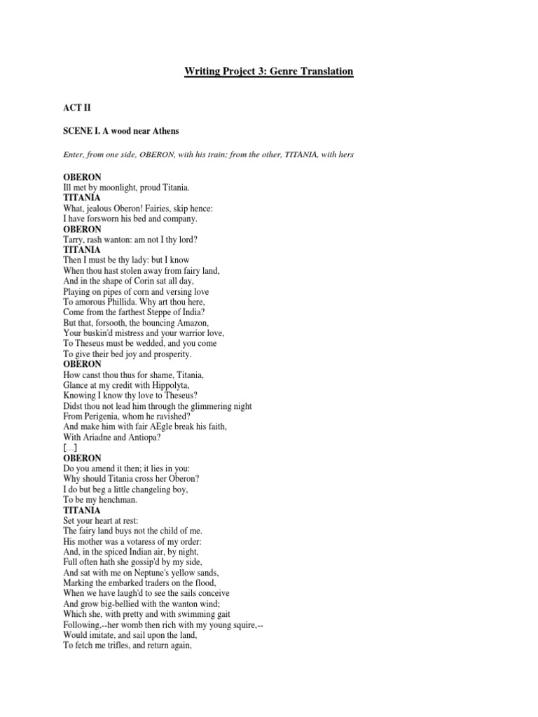 Writing Project 3: Genre Translation: Act Ii SCENE I. A Wood Near ...