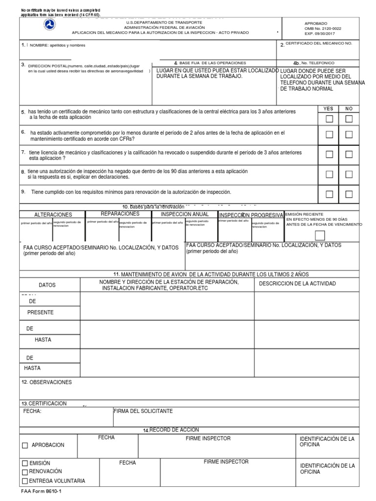 FAA Form 8610-1 APPLICATION FOR INSPECTION AUTHORIZATION PDF | PDF ...