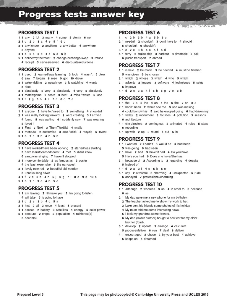 Progress Tests Answer Key: Progress Test 1 Progress Test 6 | PDF ...