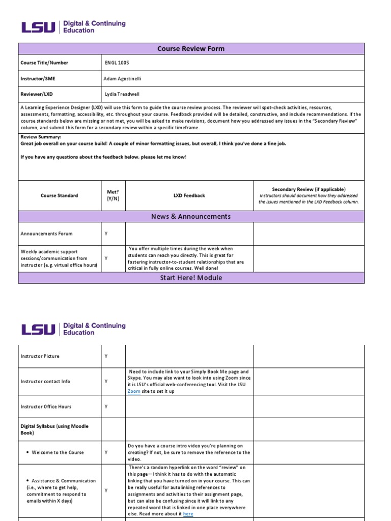 Course Review Template Engl 1005 Agostinelli | PDF | Educational ...