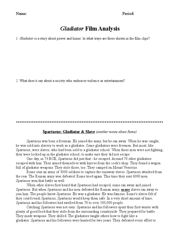 Gladiator Film Analysis: Name: Period | PDF