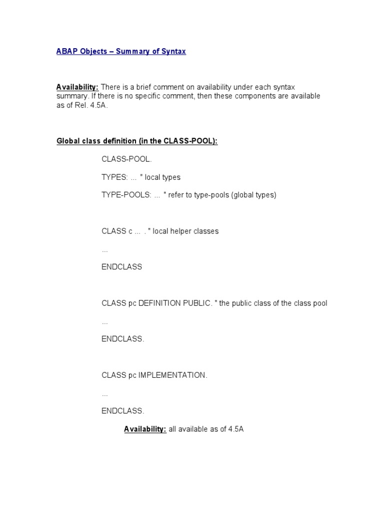 ABAP Objects Syntax Summary | PDF | Class (Computer Programming) | Interface (Computing)
