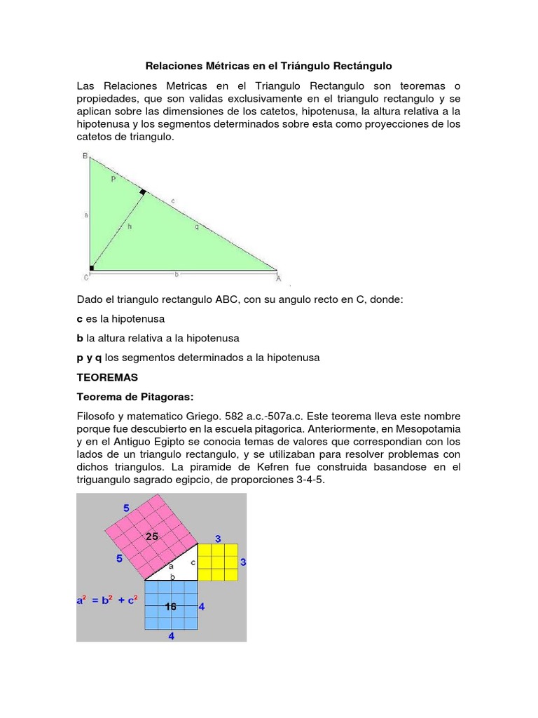 Relaciones métricas fundamentales en el triángulo rectángulo | PDF | Triángulo | Matemática ...