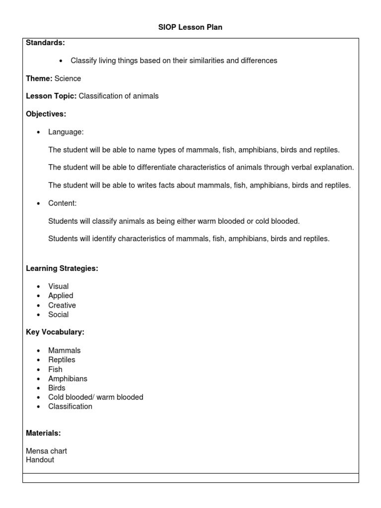 SIOP Lesson Plan Classification of Animals # 3 | PDF | Lesson Plan ...