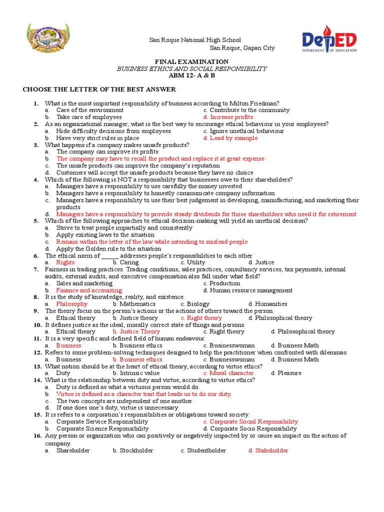 Final Exam Business Ethics | PDF | Stakeholder (Corporate) | Business ...