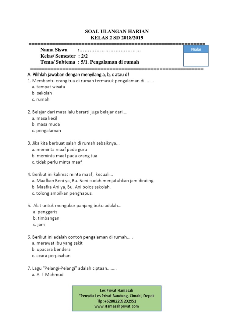 Soal Kelas 2 Tema 5 Subtema 1 Pengalamanku | PDF | Seni & Disiplin Bahasa | Seni