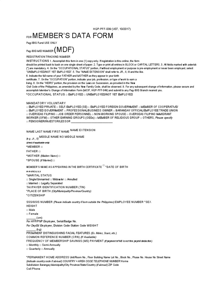 Member'S Data Form (MDF) : Instructions | PDF | Employment | Social ...