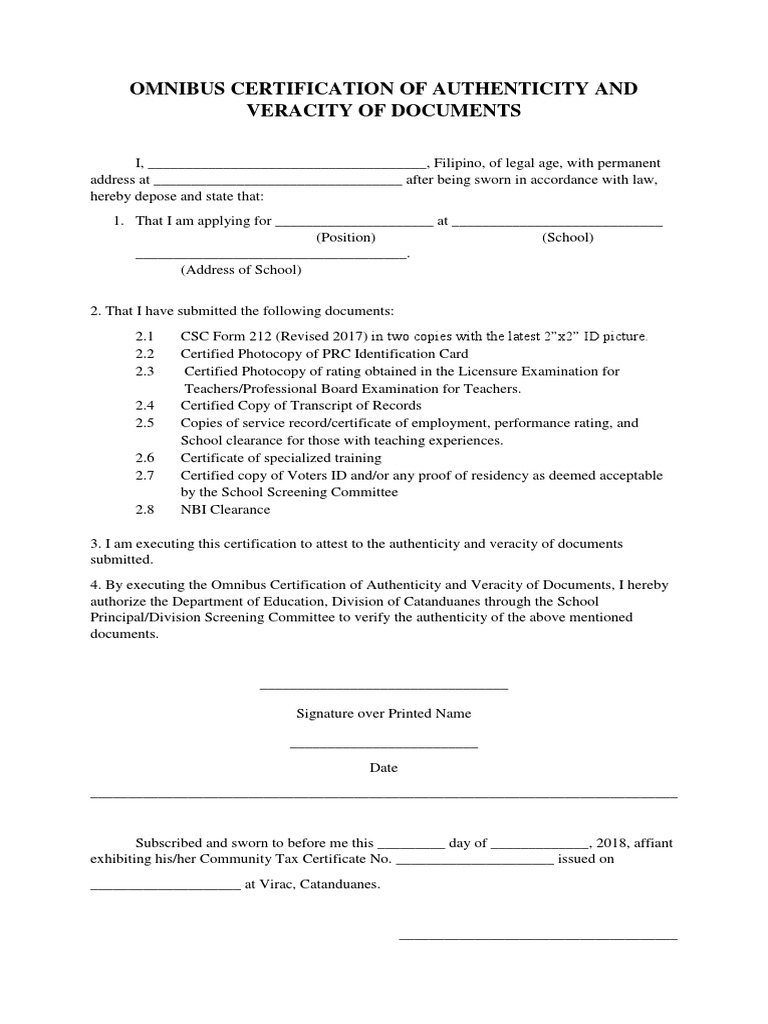 Omnibus Certification of Authenticity and Veracity of Documents | PDF