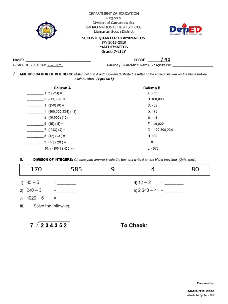 Math 7-1st Grading 2018-2019 | Download Free PDF | Teaching Mathematics ...