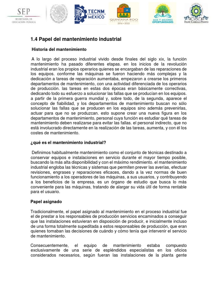 Papel Del Mantenimiento Industrial | PDF | Ingeniería de confiabilidad | Economias