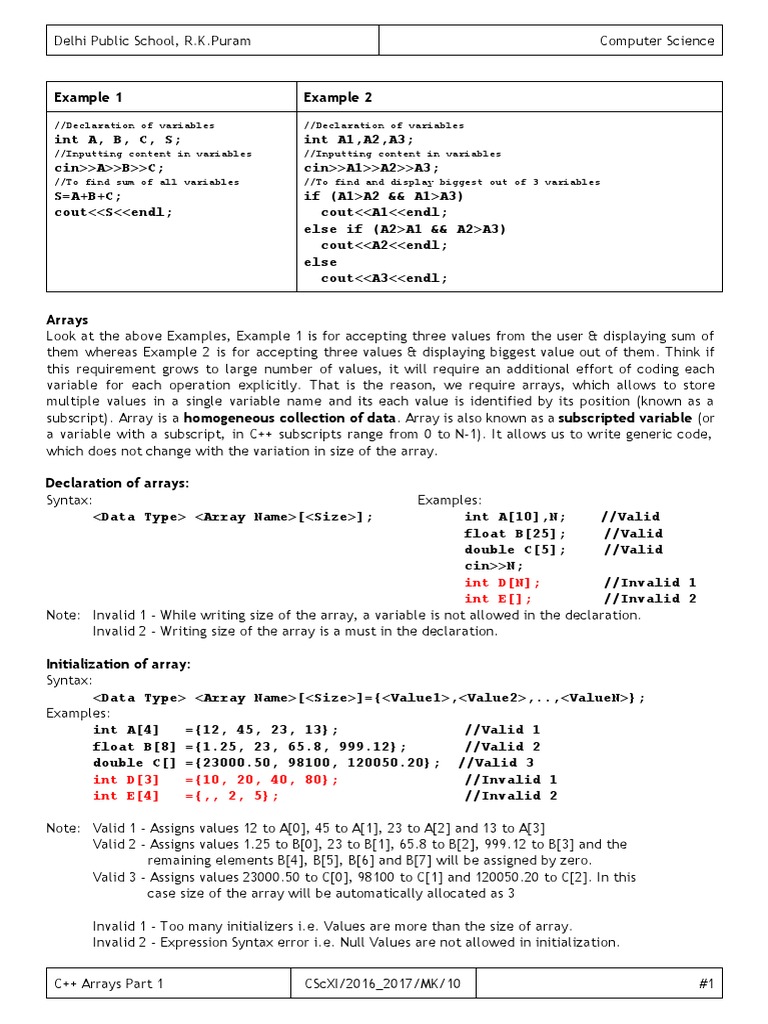 DPS RK Puram introduces arrays in C++ programming | PDF | C (Programming Language) | Array Data ...