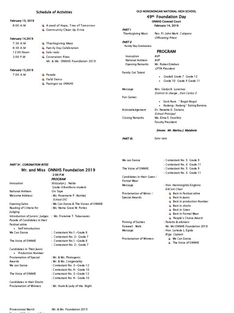 Schedule of Activities: 49 Foundation Day | Download Free PDF | Ceremonies