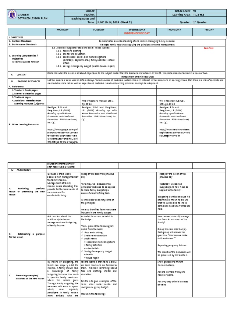 Tle-He 6 q1 w2 DLL | PDF | Learning | Teachers Tle-He 6 q1 w2 DLL | PDF | Learning | Teachers