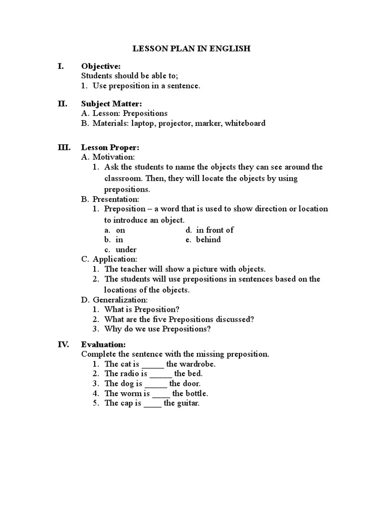 Preposition - Lesson Plan | PDF