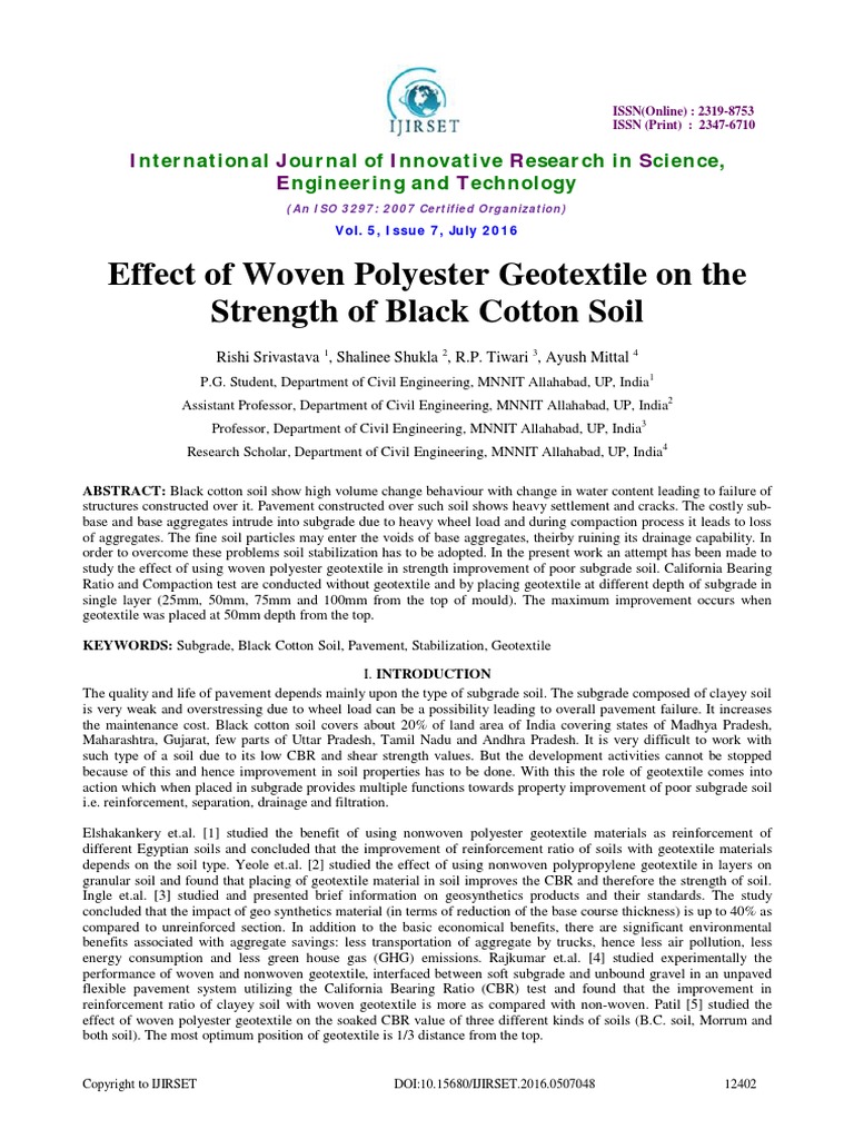 Effect of Woven Polyester Geotextile On The Strength of Black Cotton Soil | PDF | International ...