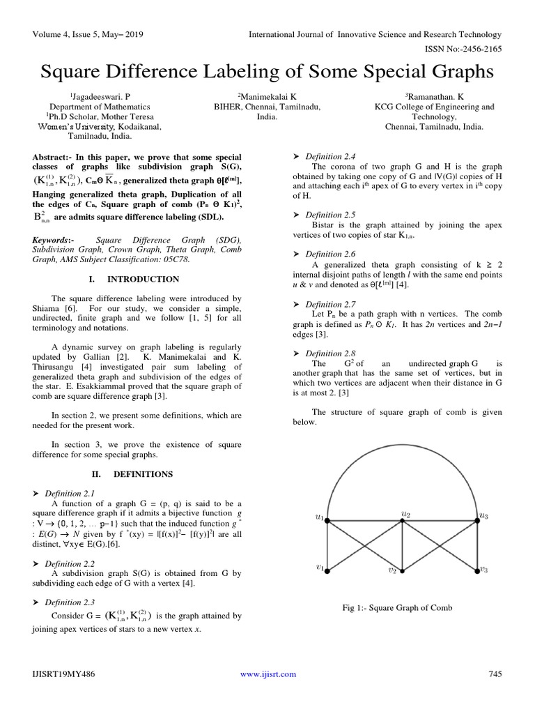 Square Difference Labeling of Some Special Graphs | PDF | Vertex (Graph Theory) | Graph Theory