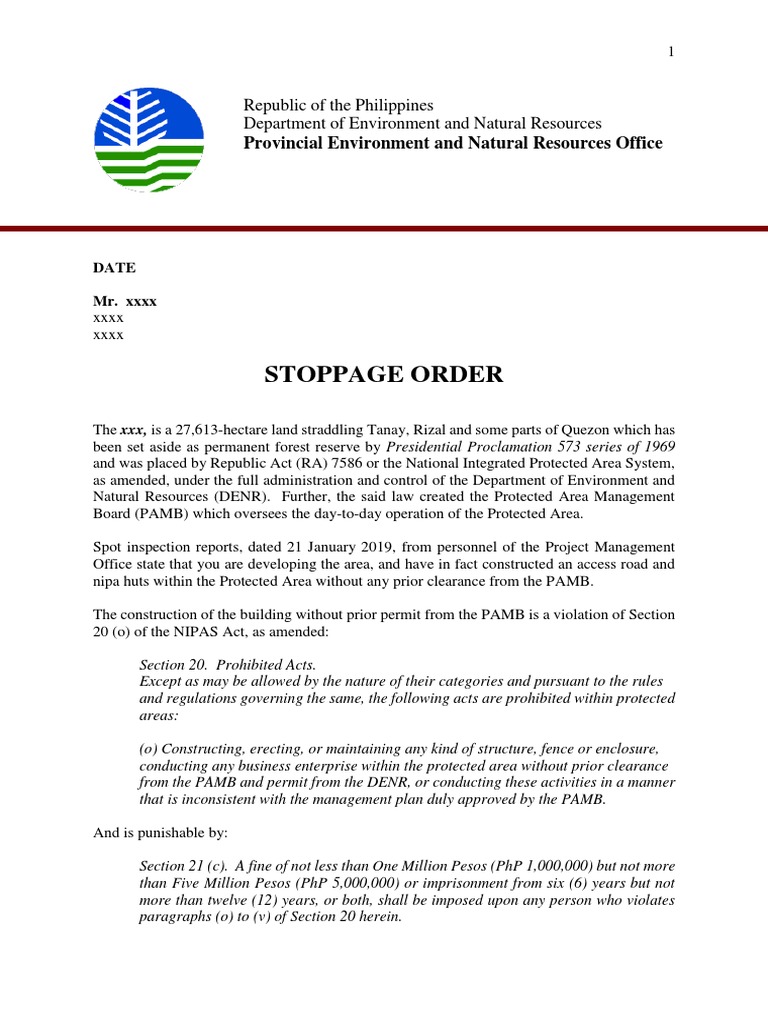 Stoppage Order: Provincial Environment and Natural Resources Office ...