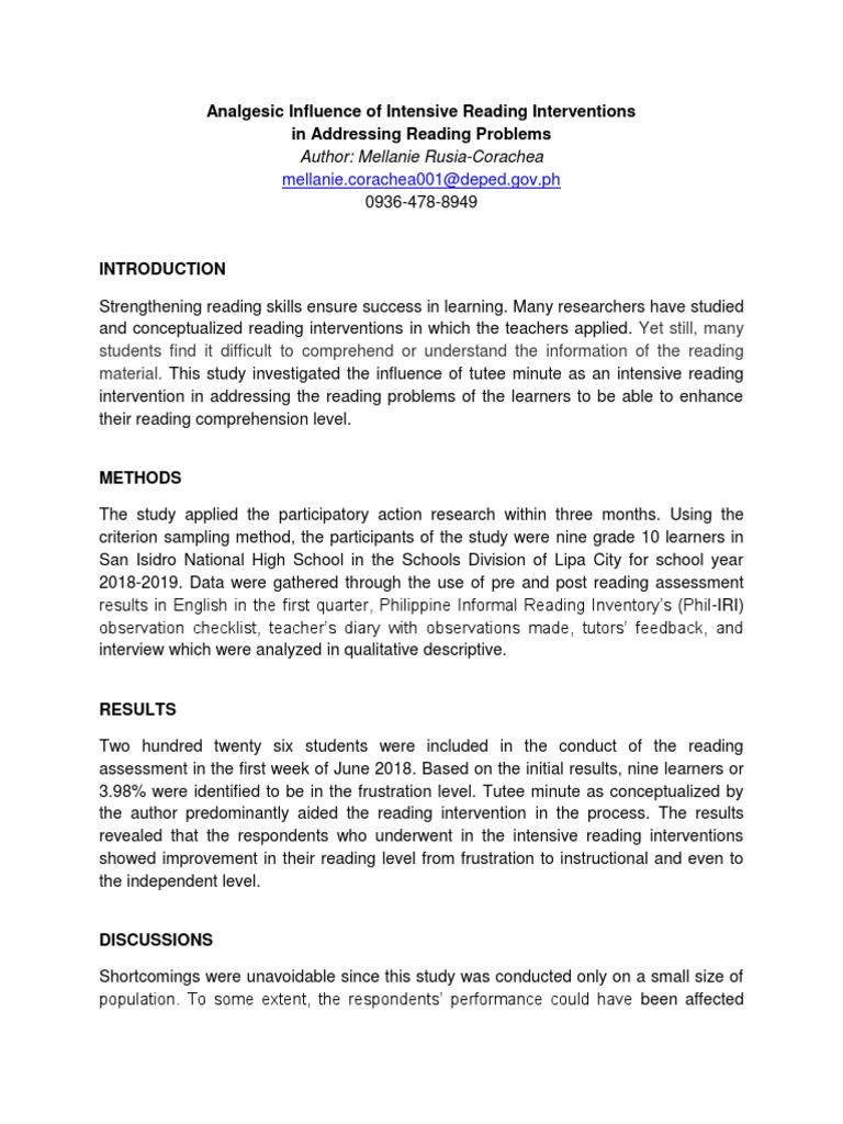 Analgesic Influence of Intensive Reading Interventions in Addressing Reading Problems | PDF ...