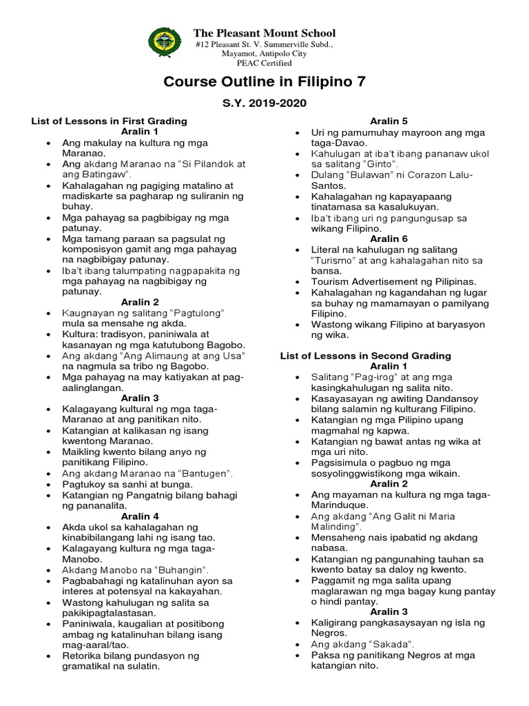 Course Outline in Filipino 7 | PDF