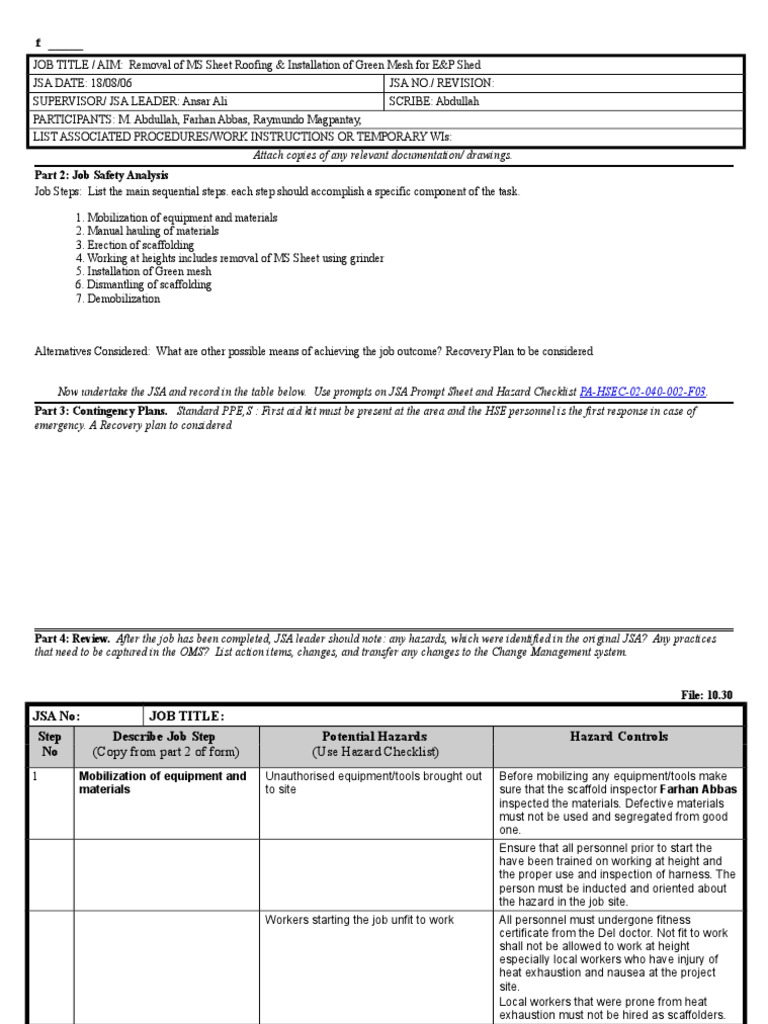 Copy (2) of JSA for removal of MS Sheet for E&P shed.doc | Scaffolding ...