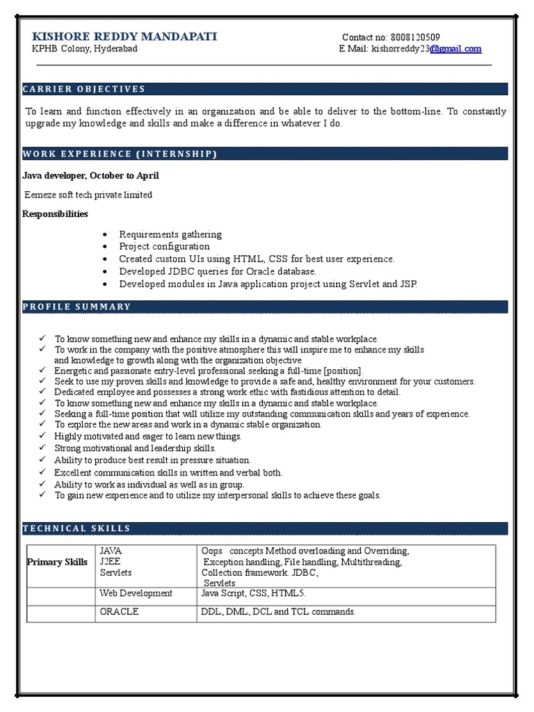 Kishore Reddy Mandapati Java Developer October To April Pdf Java Programming Language