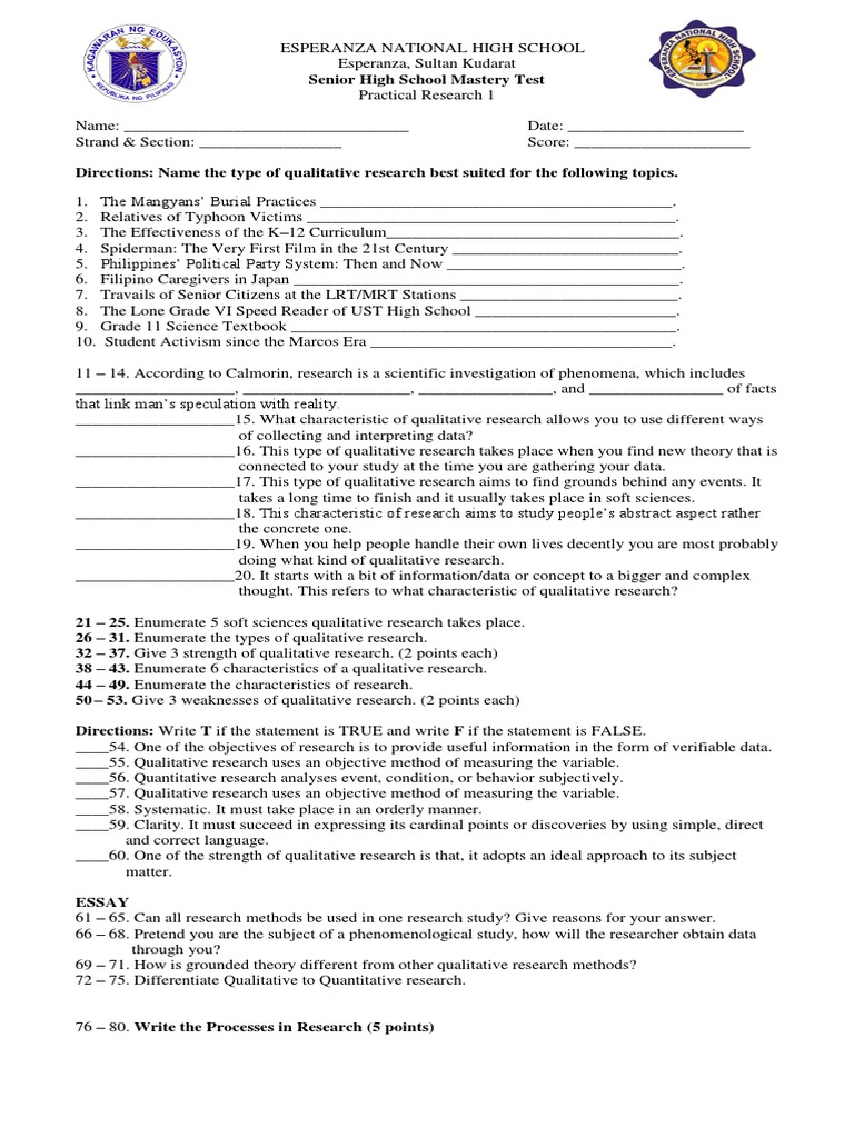 Senior High Research Test | PDF | Qualitative Research | Quantitative ...