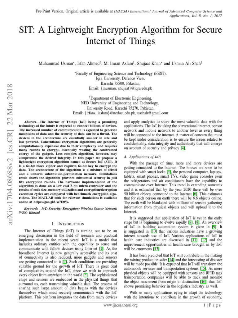 A Lightweight Encryption Algorithm IOT | PDF | Internet Of Things | Cryptography