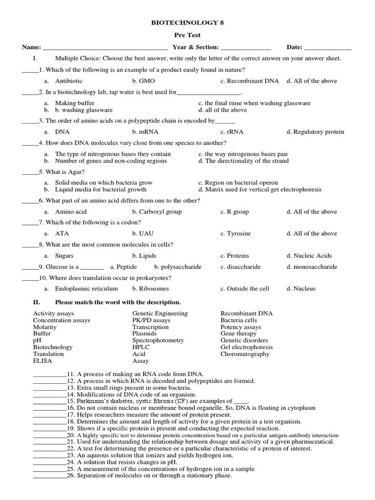Biotechnology 8 Pre Test | PDF | Proteins | Genetics
