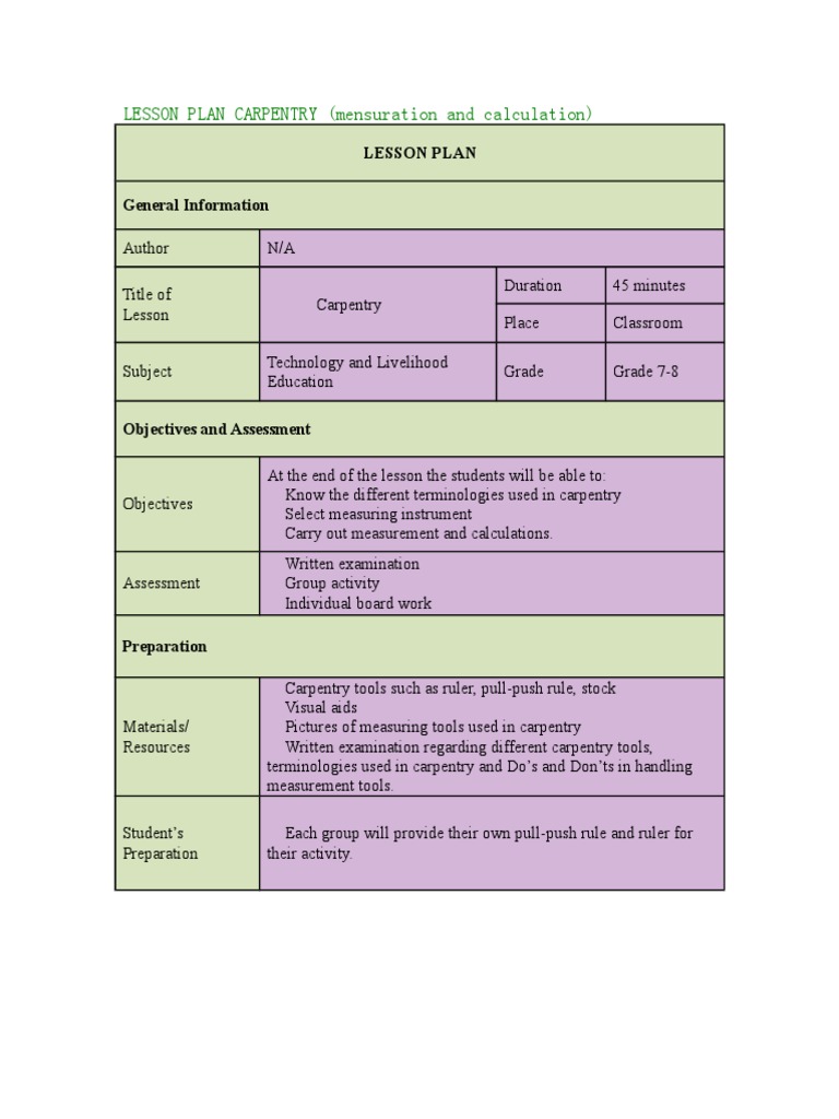 Lesson Plan Carpentry | PDF